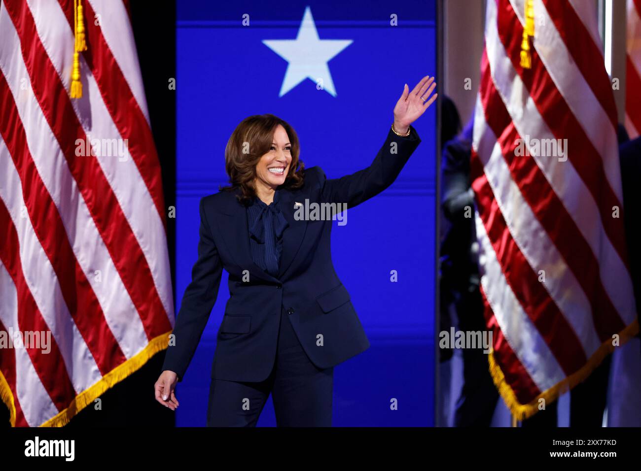 Democratic presidential nominee Vice President Kamala Harris waves ...