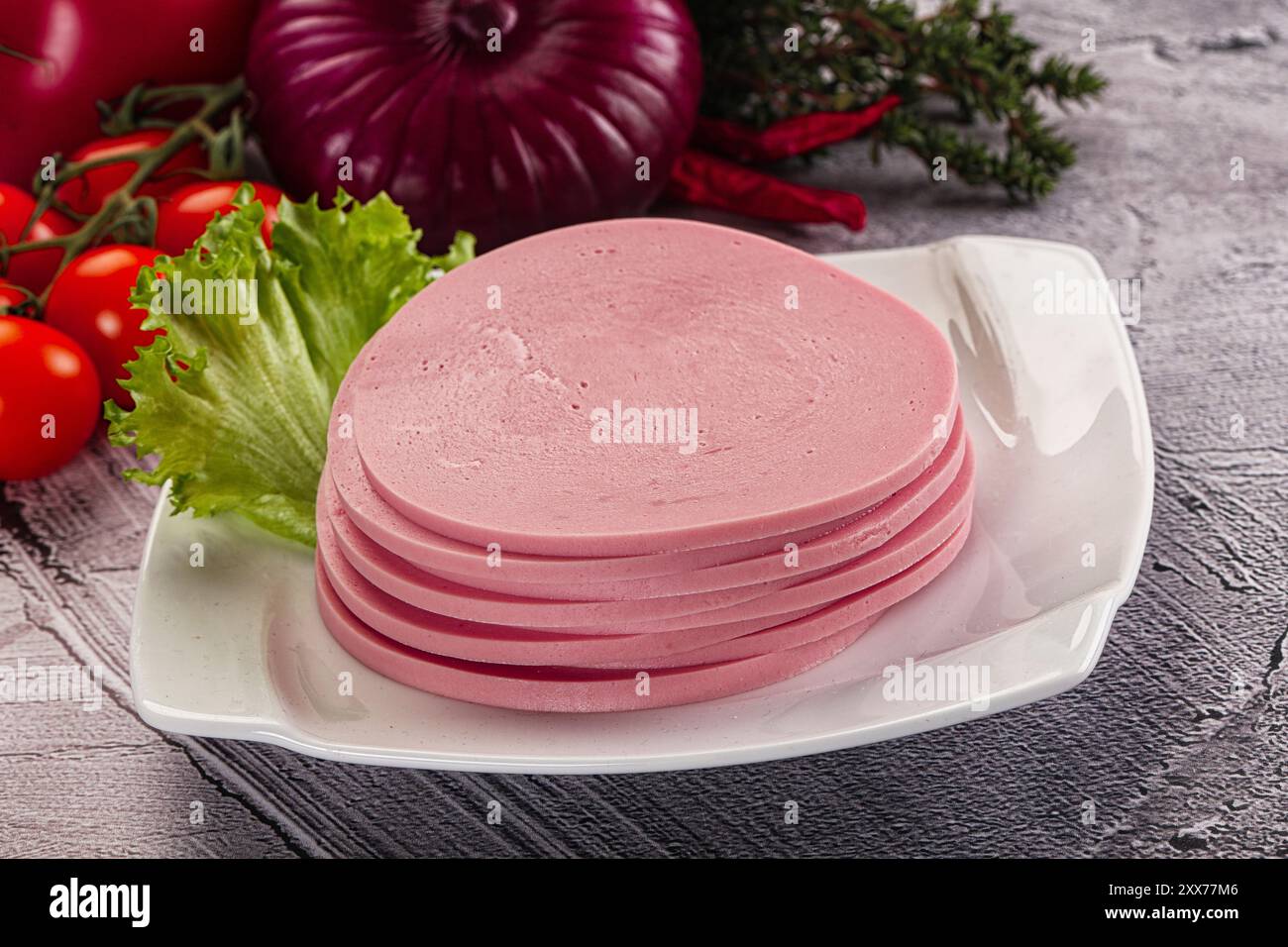 Boiled pork sliced sausage stack for breakfast Stock Photo - Alamy