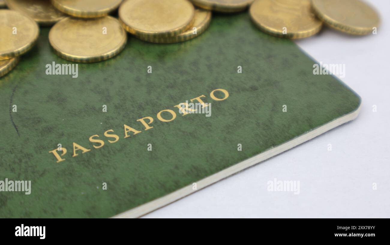 Italian passport document with Euro coins and white background Stock ...