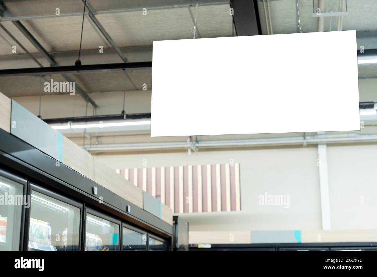 Blank billboard in progress of a trade fair or event. Blank advertising ...