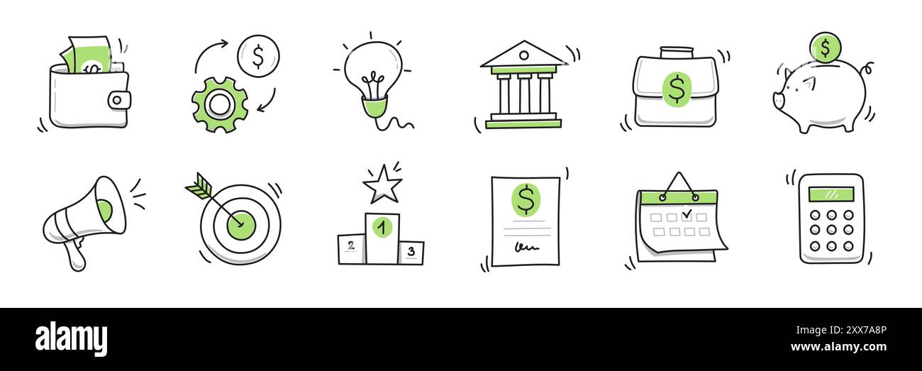 Hand drawn doodle business, money icon set. Finance, money, marketing ...