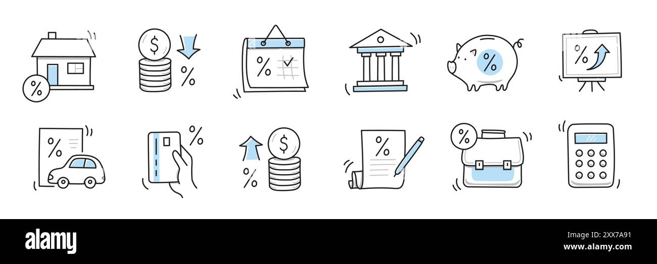 Loan interest rate doodle icon set. Hand drawn sketch doodle line style ...