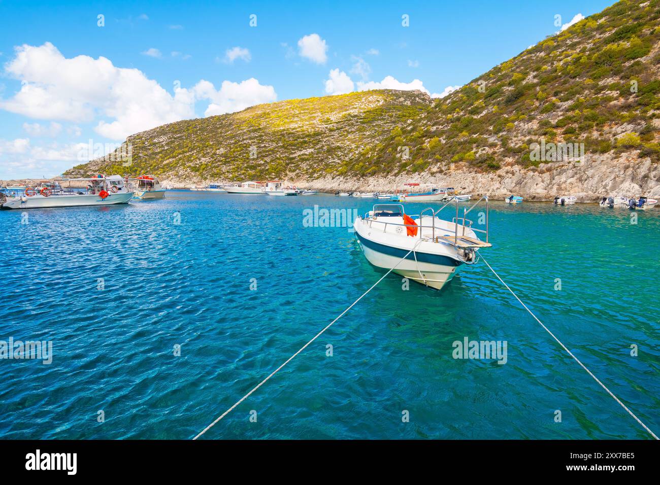 Greece. Aerial view of beautiful Porto Vromi with many fisher and ...