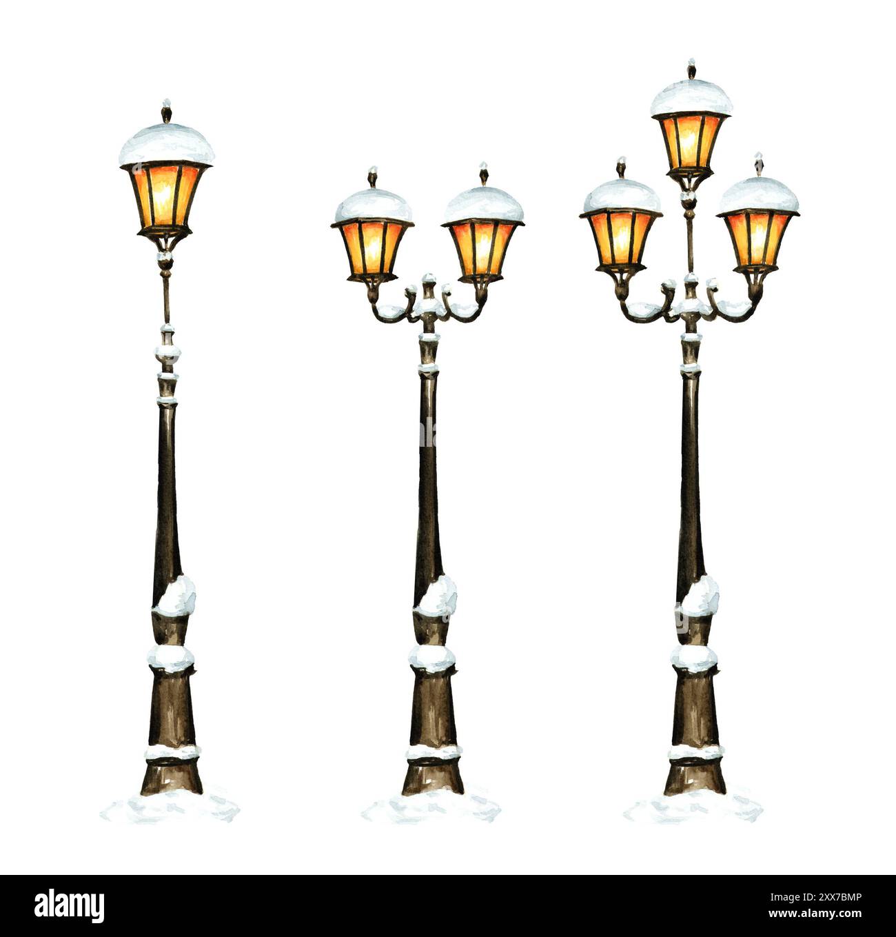 Forged iron elegant street lamp under the snow set. Hand drawn ...