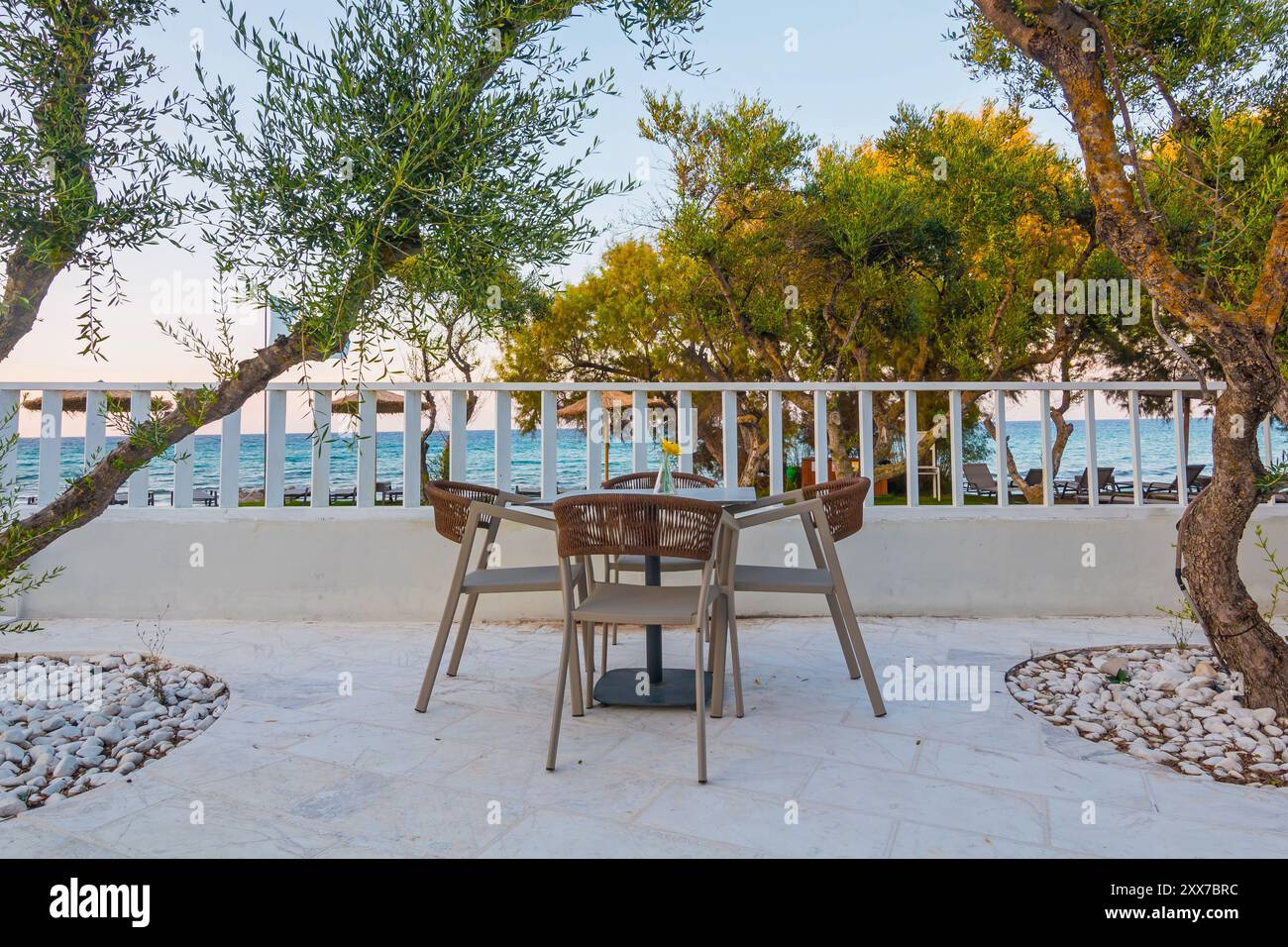 Tables in restaurant on the terrace . Zakynthos, Greece. Superb summer ...