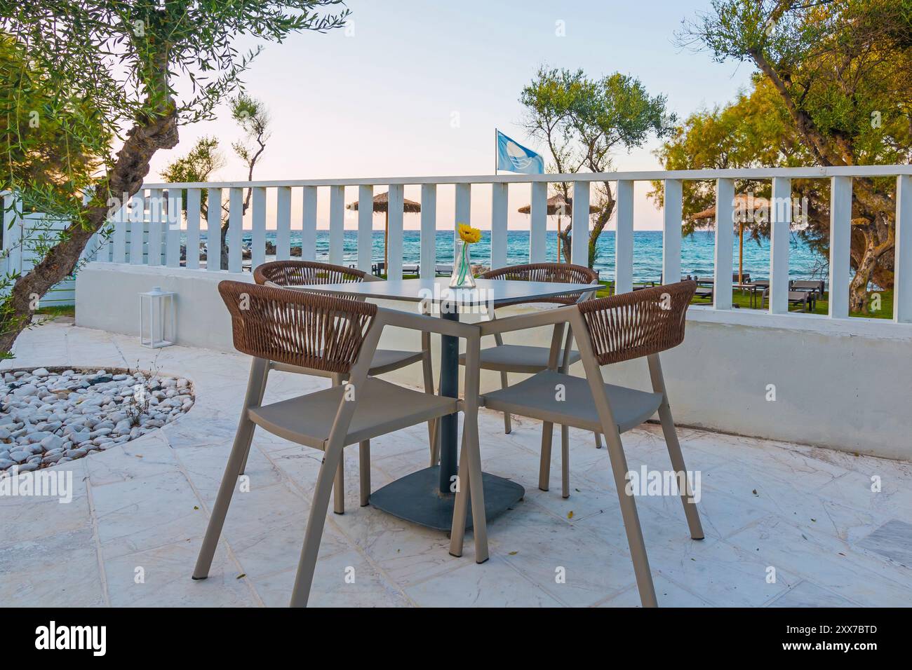 Tables in restaurant on the terrace . Zakynthos, Greece. Superb summer ...