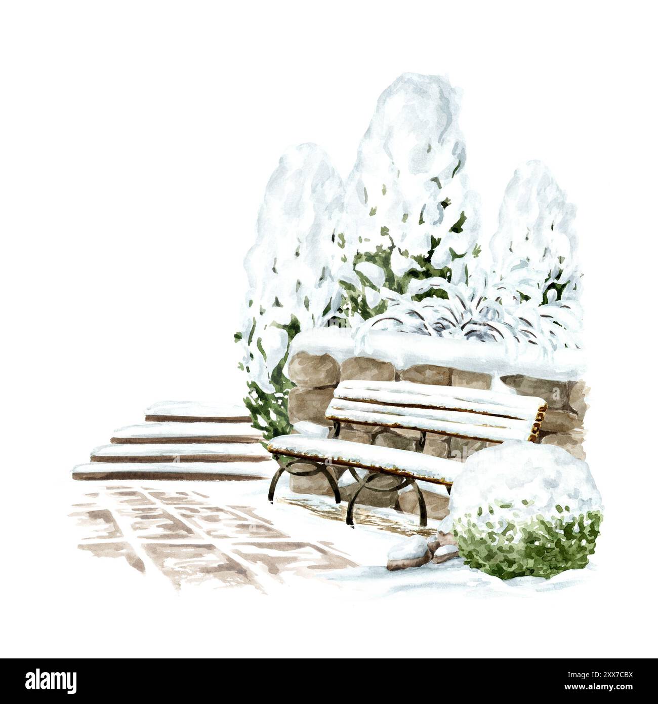 Bench under the snow in the city winter park. Hand drawn watercolor ...