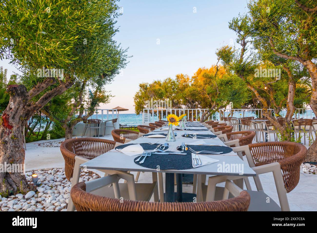 Tables in restaurant on the terrace . Zakynthos, Greece. Superb summer ...