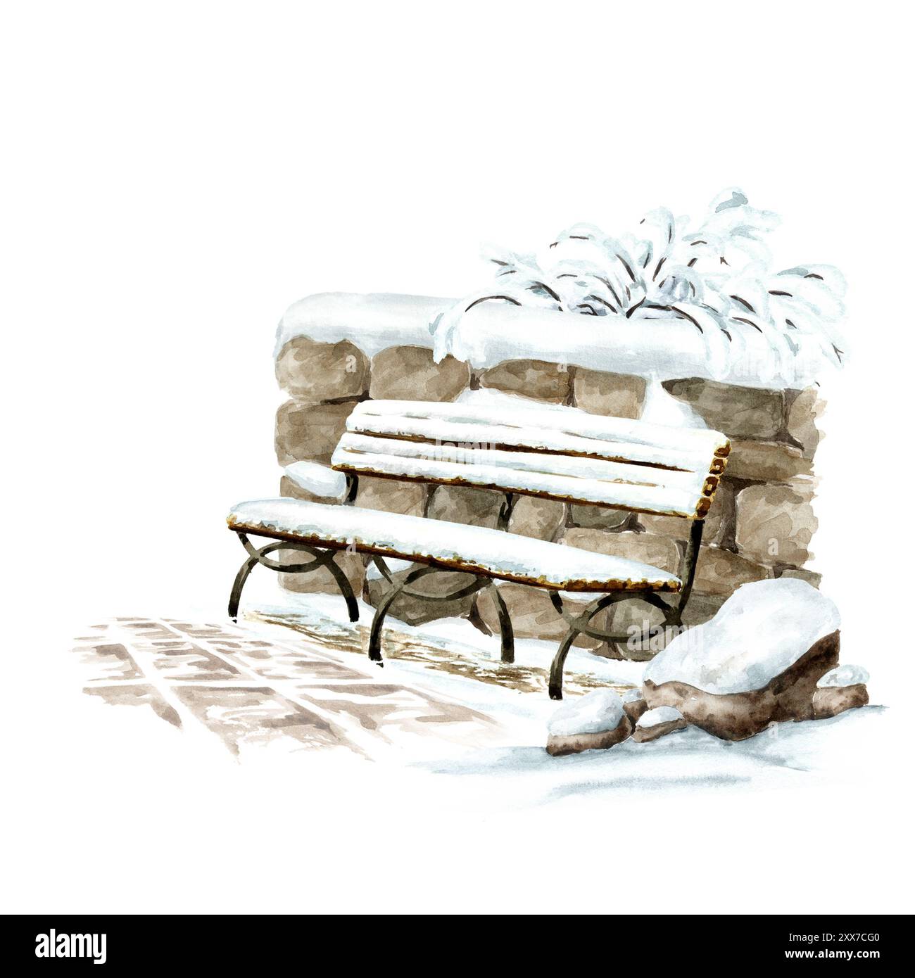 Bench under the snow in the city winter park. Hand drawn watercolor ...