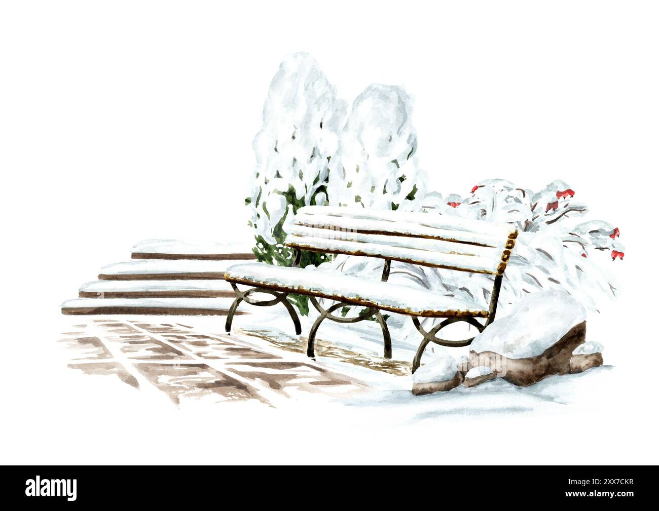 Bench under the snow in the public winter park. Hand drawn watercolor ...