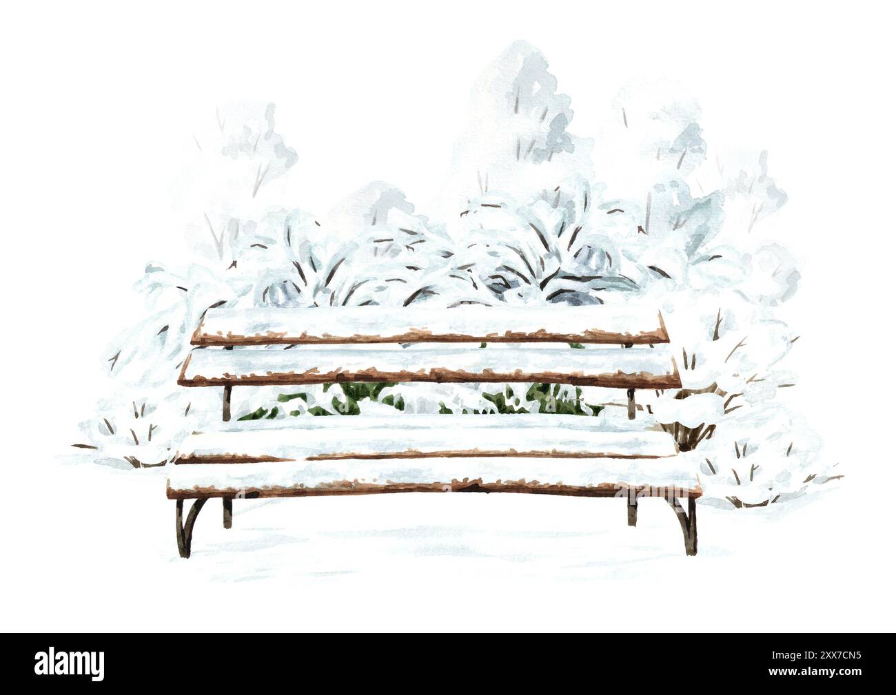 Bench under the snow in the public winter park., Hand drawn watercolor ...