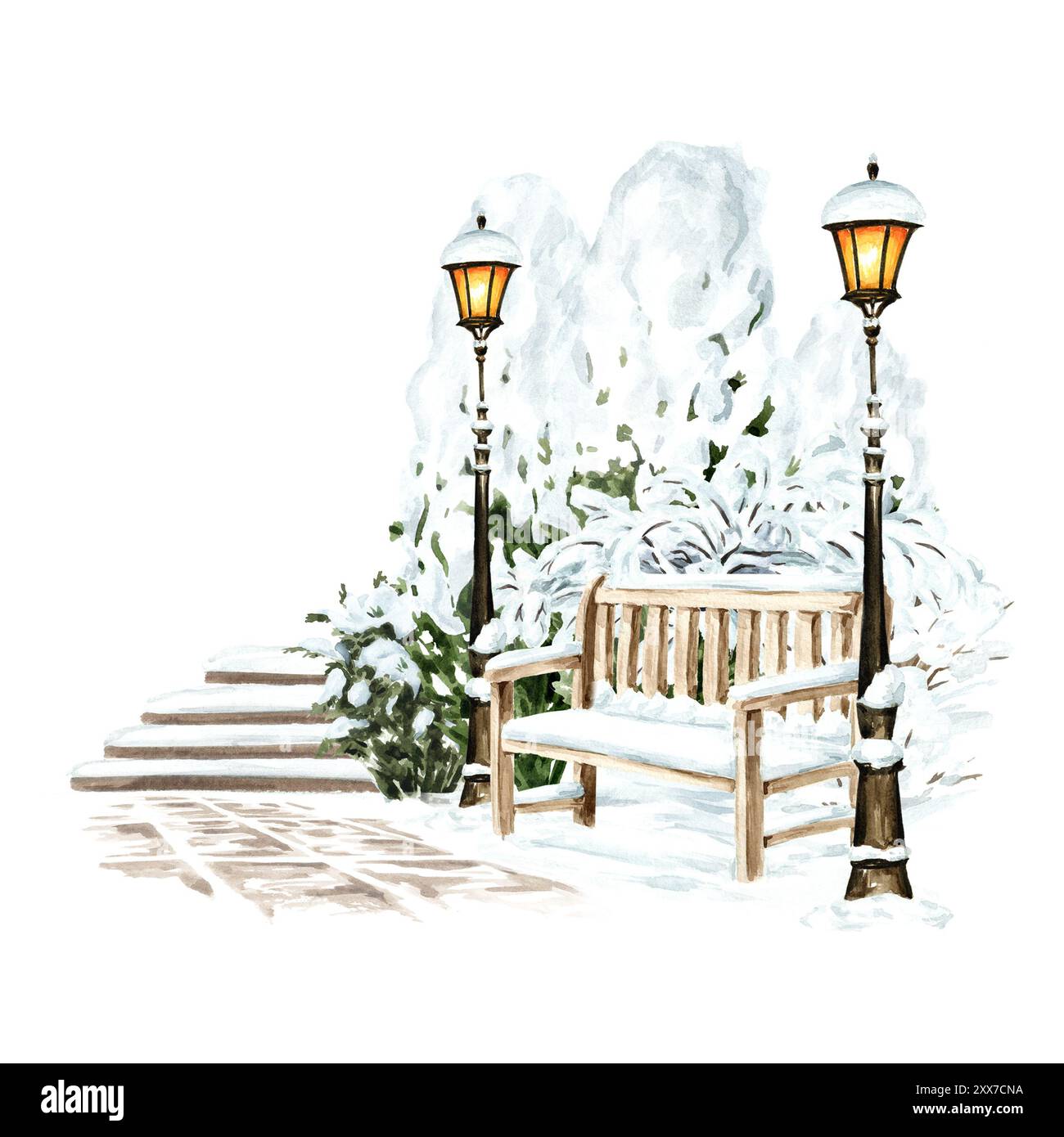 Bench under the snow in the winter garden,, Hand drawn watercolor ...