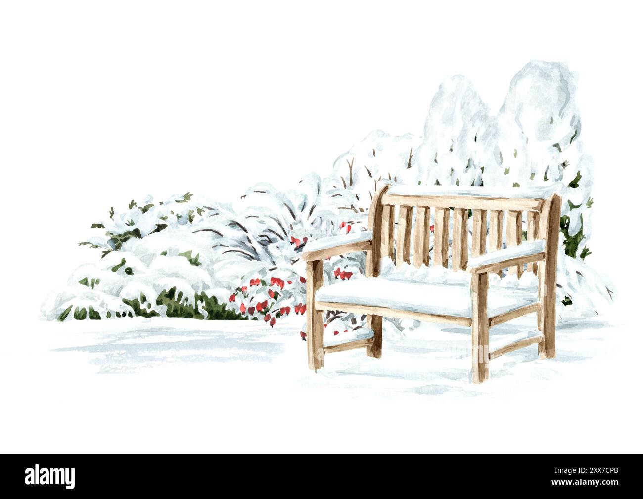 Bench under the snow in the winter garden. Hand drawn watercolor ...