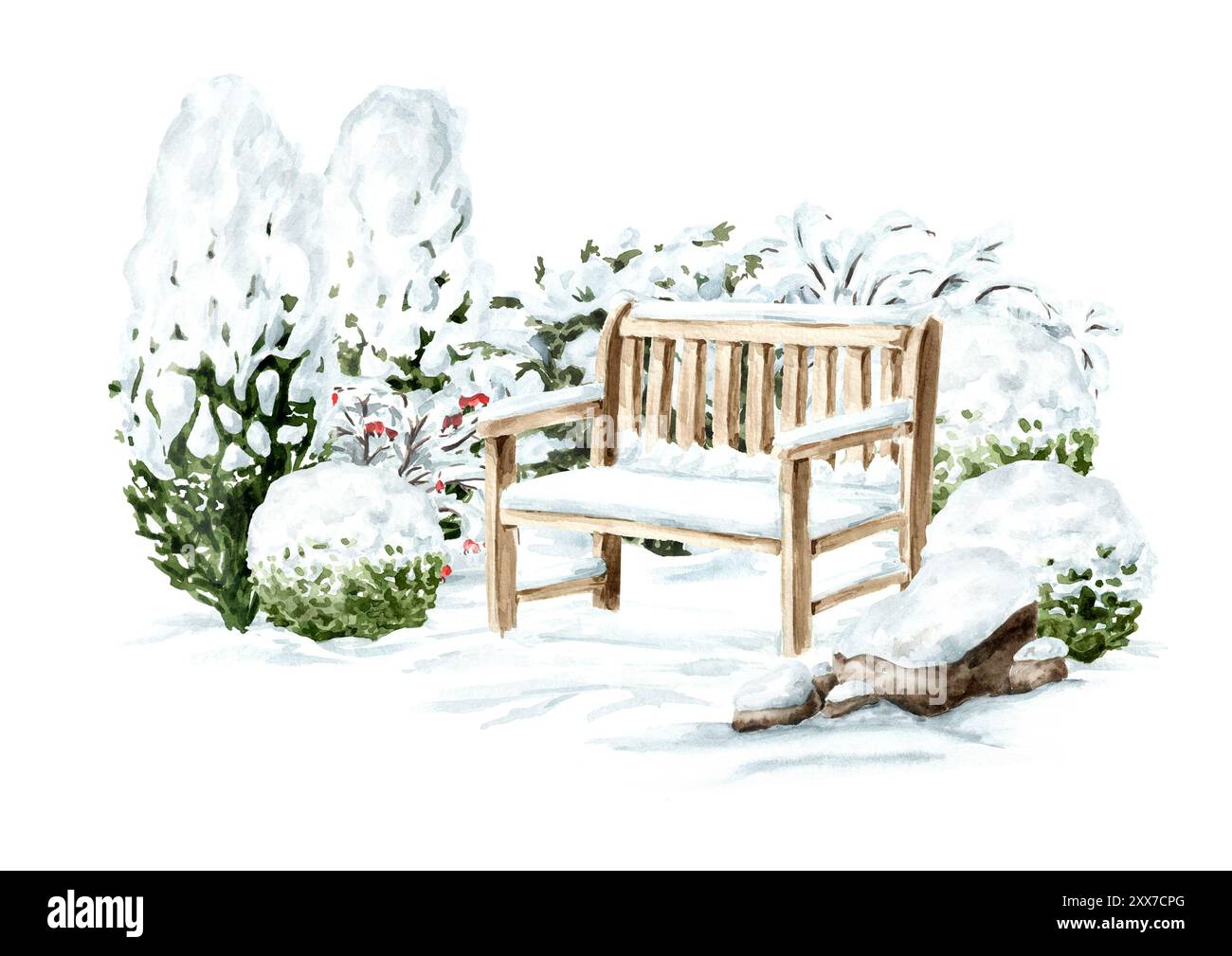 Bench under the snow in the winter garden., Hand drawn watercolor ...