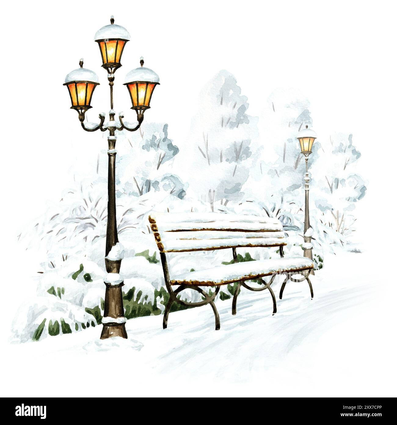 Bench under the snow, alley in the public winter park., Hand drawn ...