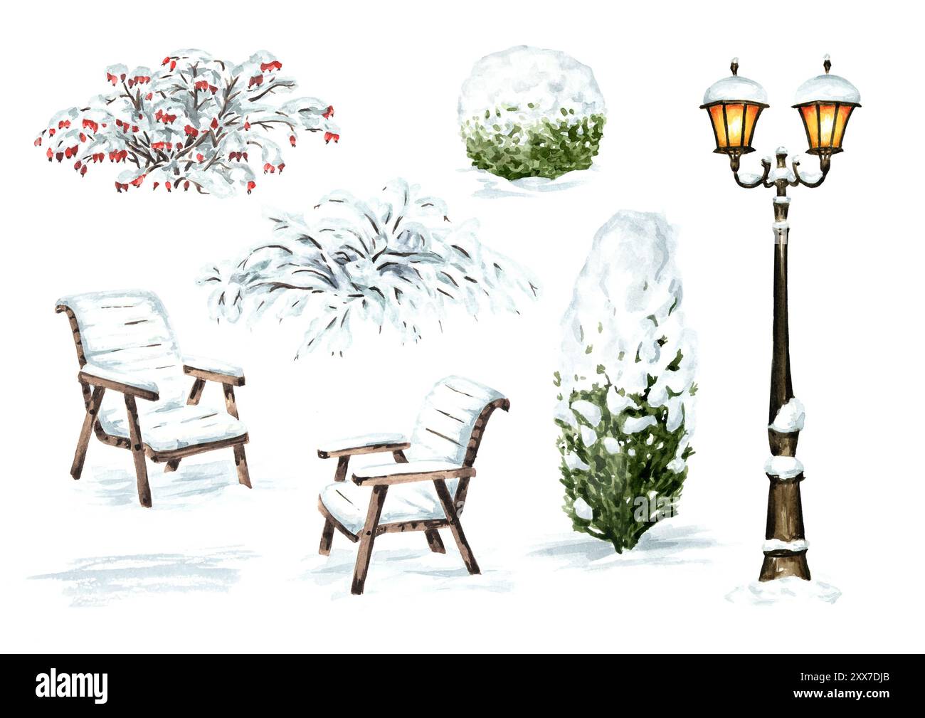 Garden chairs and plants under the snow set, public winter park ...