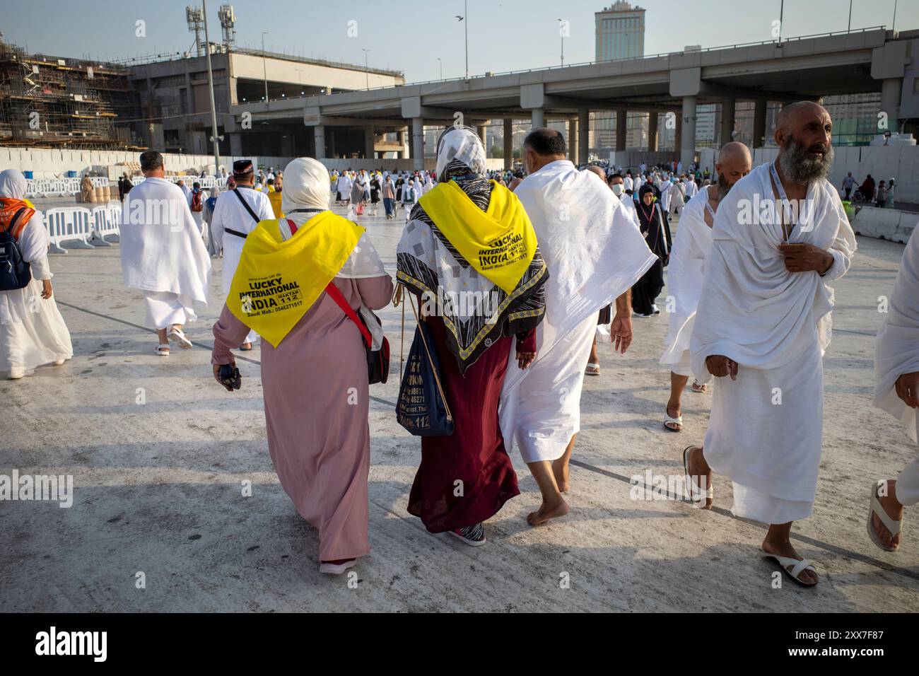 Mecca, Saudi Arabia - June 5, 2024: Hajj and Umrah pilgrims from India walking near Masjidil ...