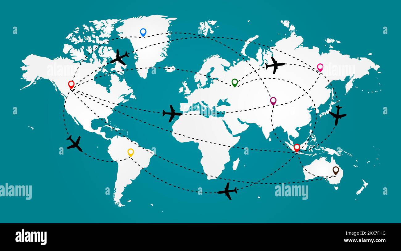 Airplane flying over the world map. Airplane route. Travel concept ...