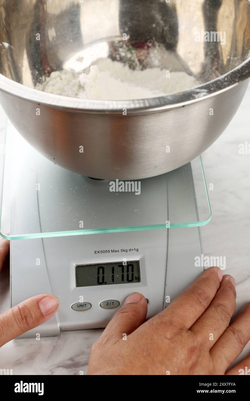 Female Hand Preparing Baking Digital Scale and Flour, Baking Step By ...