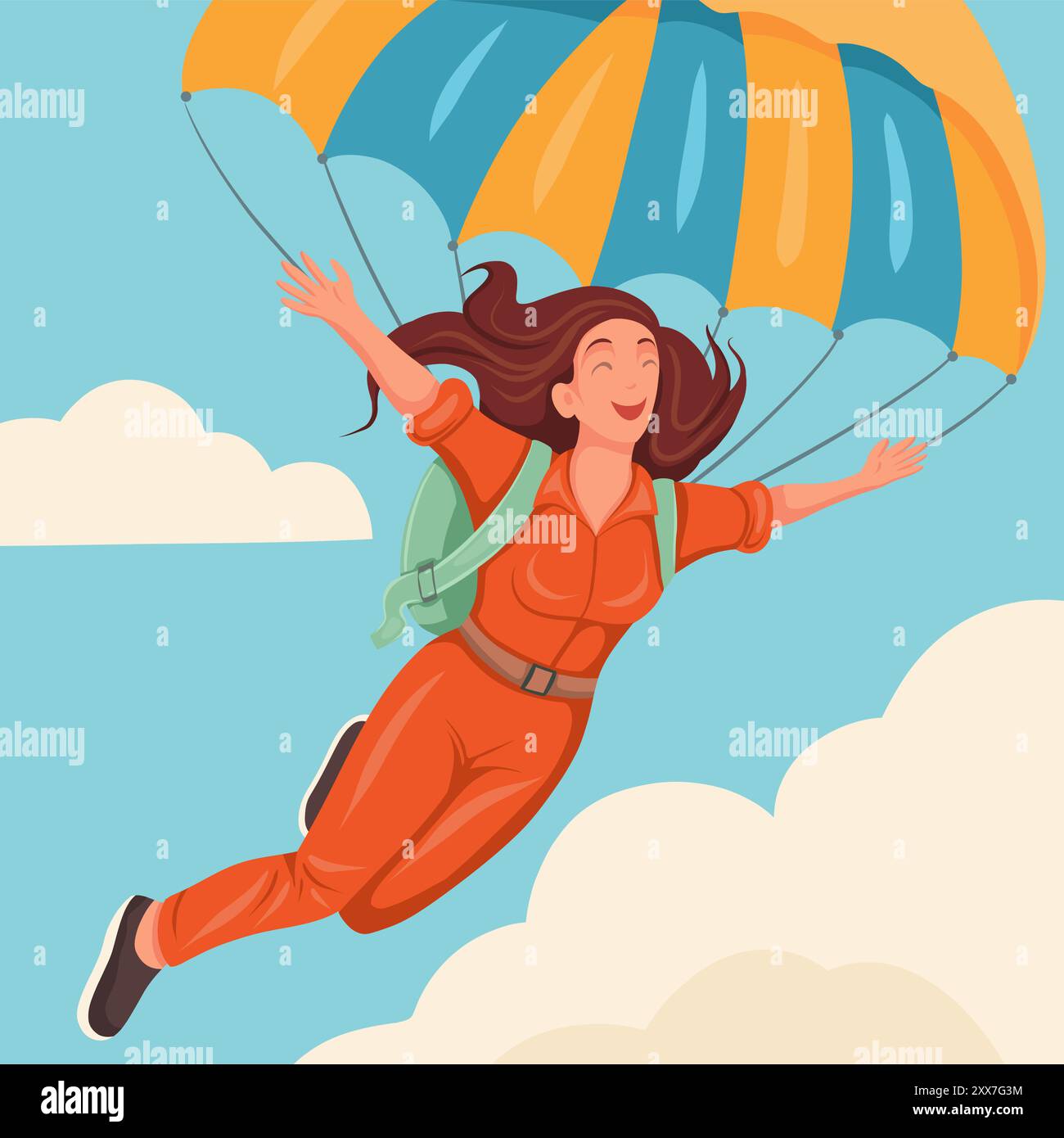 Vector illustration happy woman jumping with parachute. Skydiver soars ...