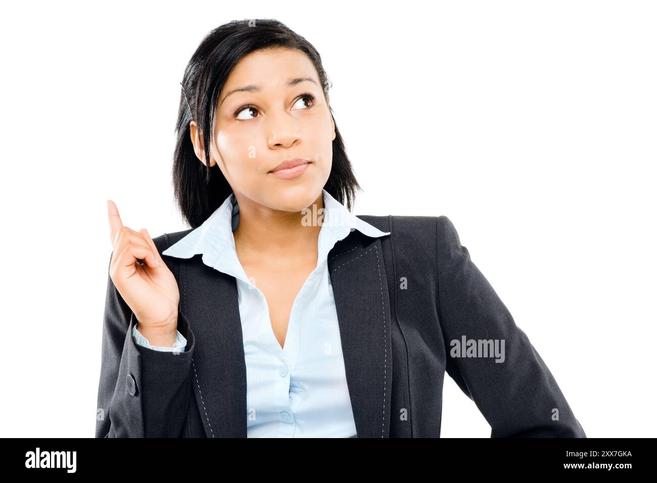 Thinking, business and woman in studio, pointing and ideas for proposal ...