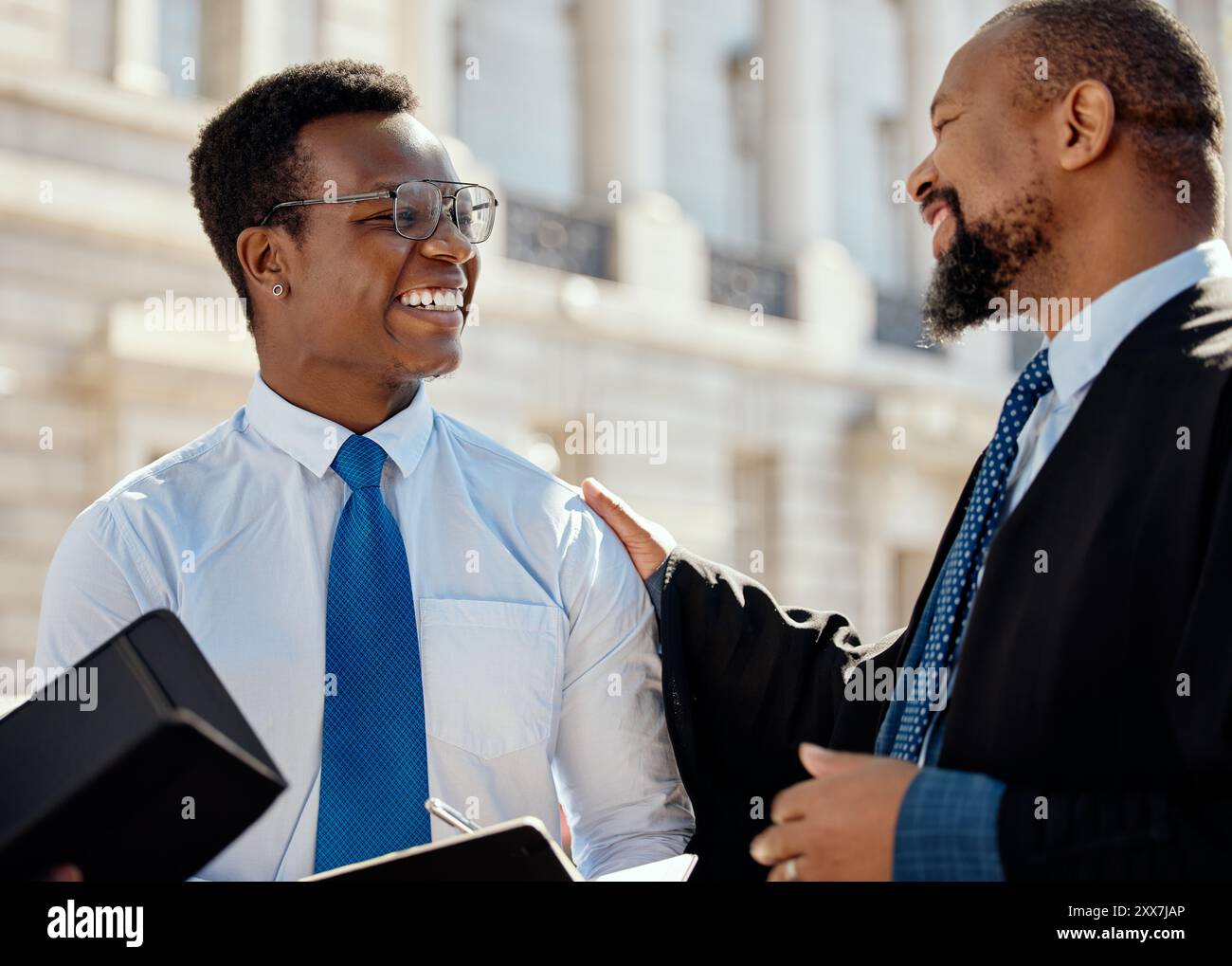 City, happy and judge talking with lawyer outdoor in preparation of ...