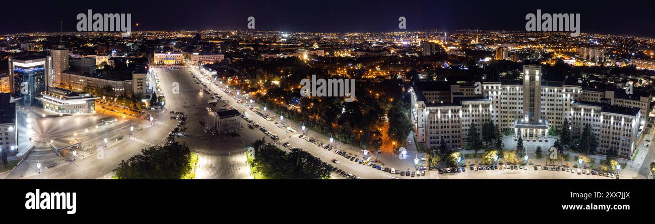 Aerial night Freedom Square wide panorama with illuminated Karazin ...