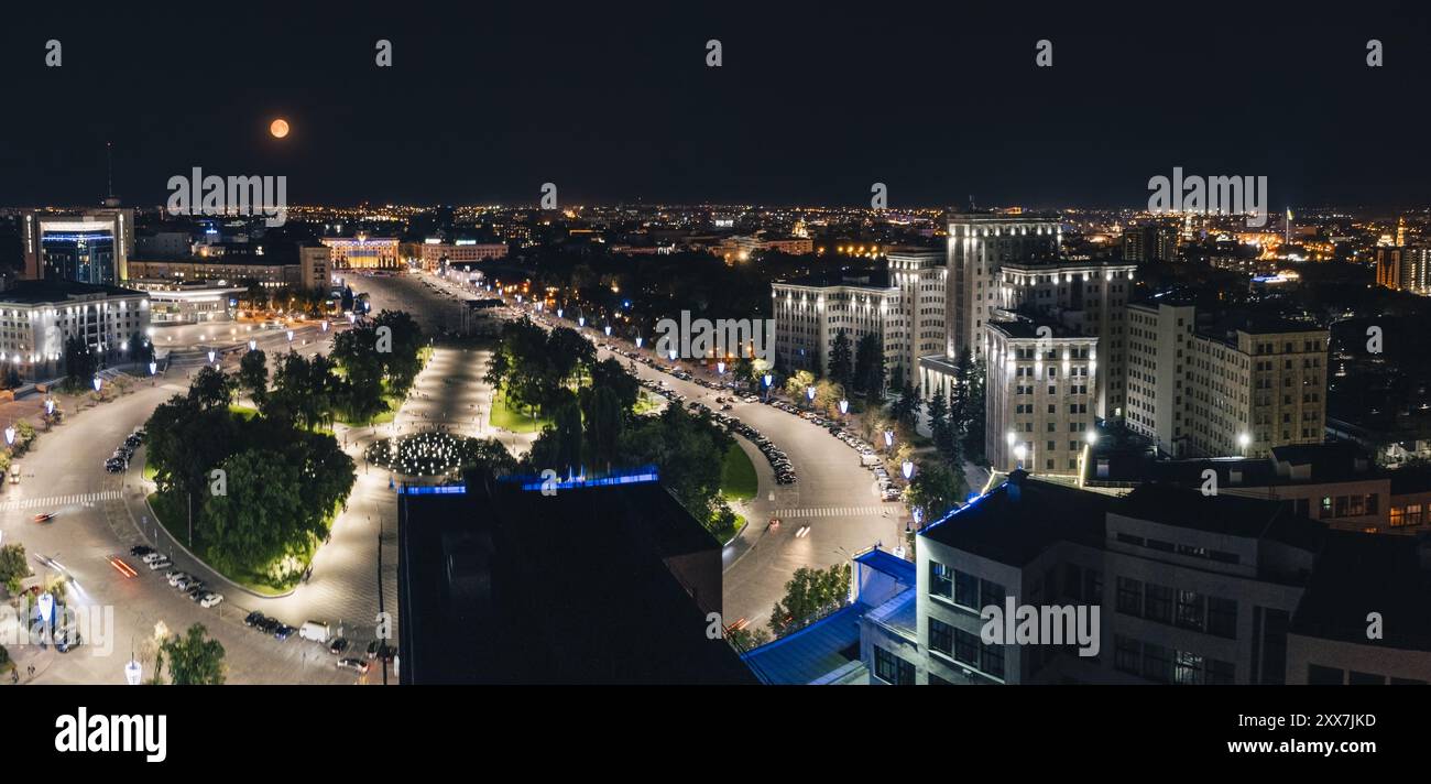 Aerial night panorama from Derzhprom building on Freedom Square in ...