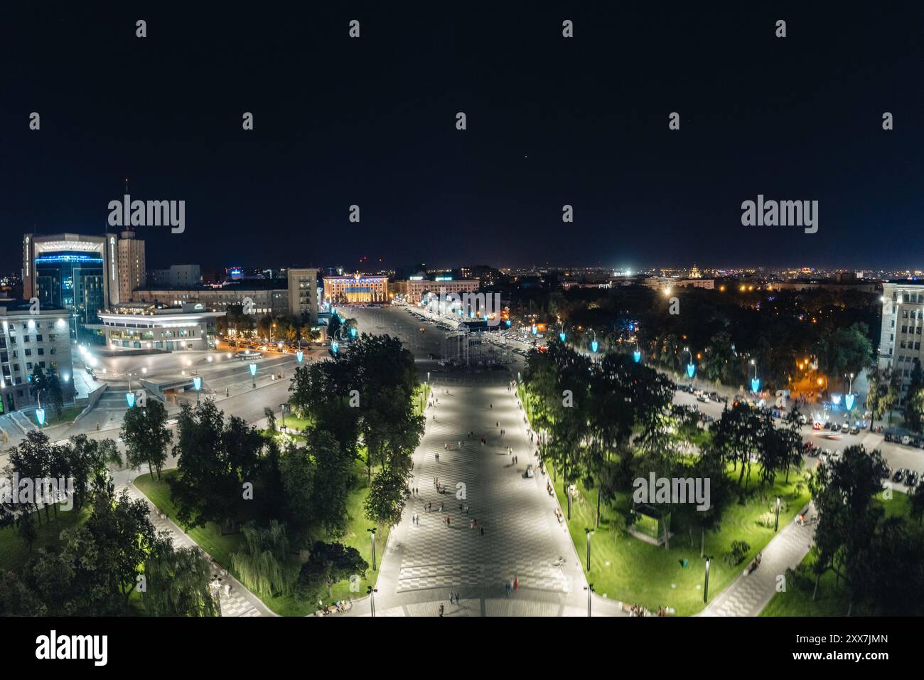 Aerial night Freedom Square panorama with illuminated buildings in ...