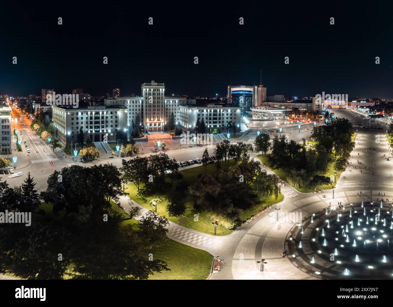 Aerial night Freedom Square panorama with fountain, University and ...