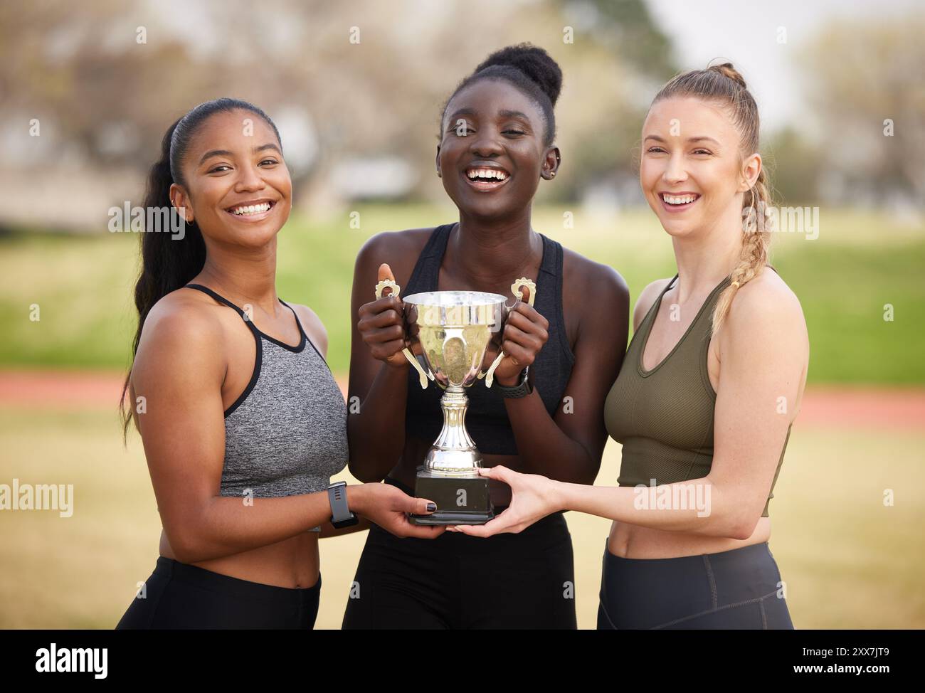 Women, trophy and celebration with award as athlete for win ...