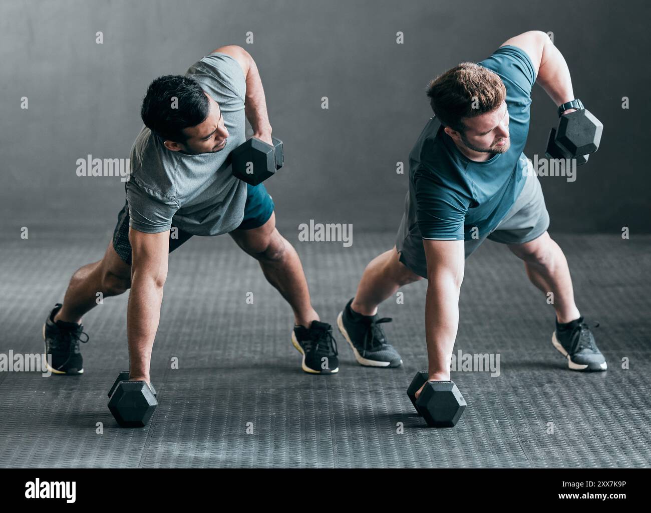 Workout, weights and fitness friends with arm training, balance and ...