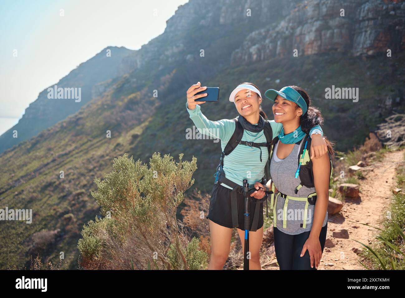 Hiking, women and friends with selfie in nature for profile picture ...
