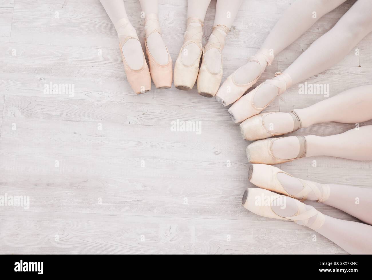 People, feet and shoes with top view for ballet performance, practice ...