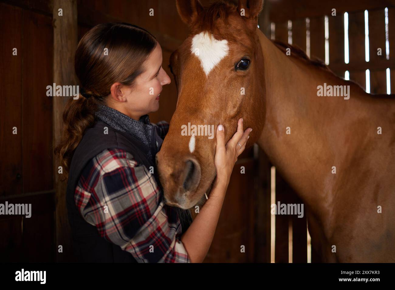 Barn, smile and woman with horse, petting and routine of care for ...