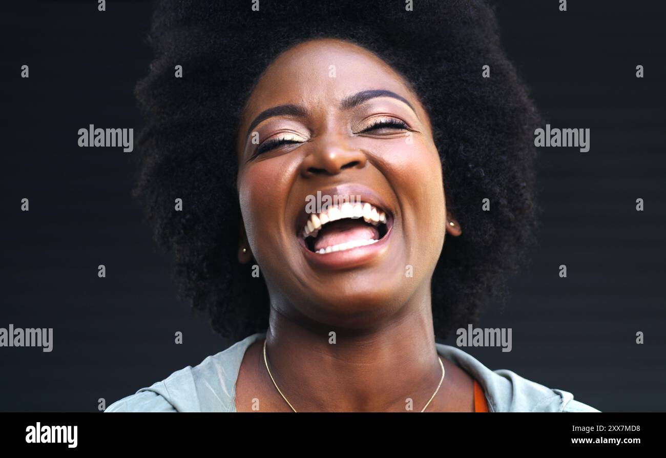 Laugh, business and black woman with portrait on studio background for ...