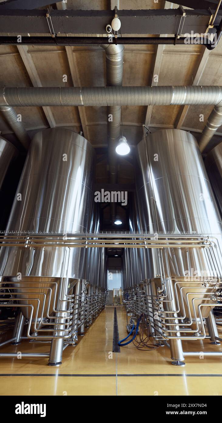 Large, modern brewery with several stainless steel fermentation tanks ...