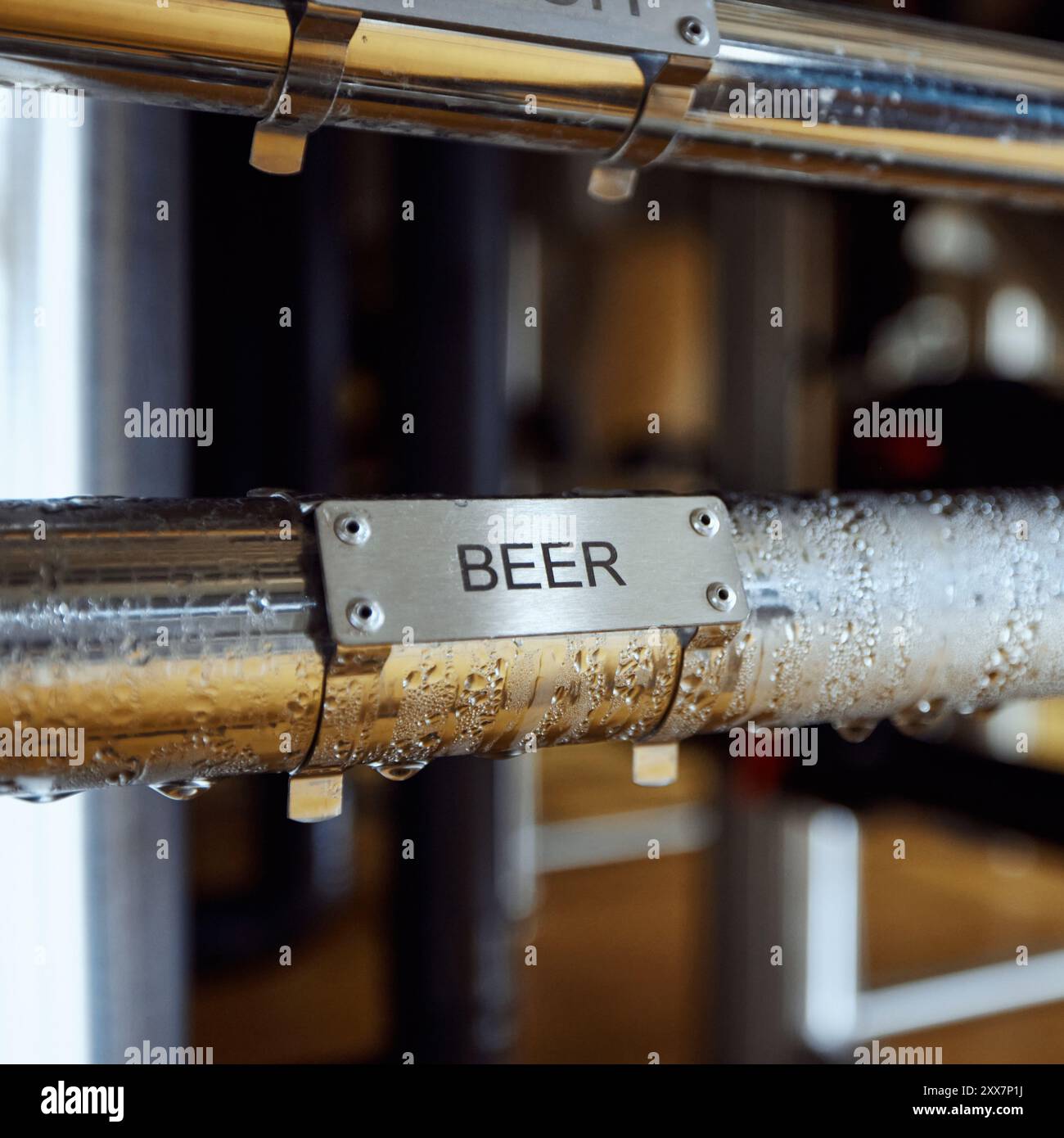 Close-up of stainless steel pipe with metal plate labeled BEER, with ...