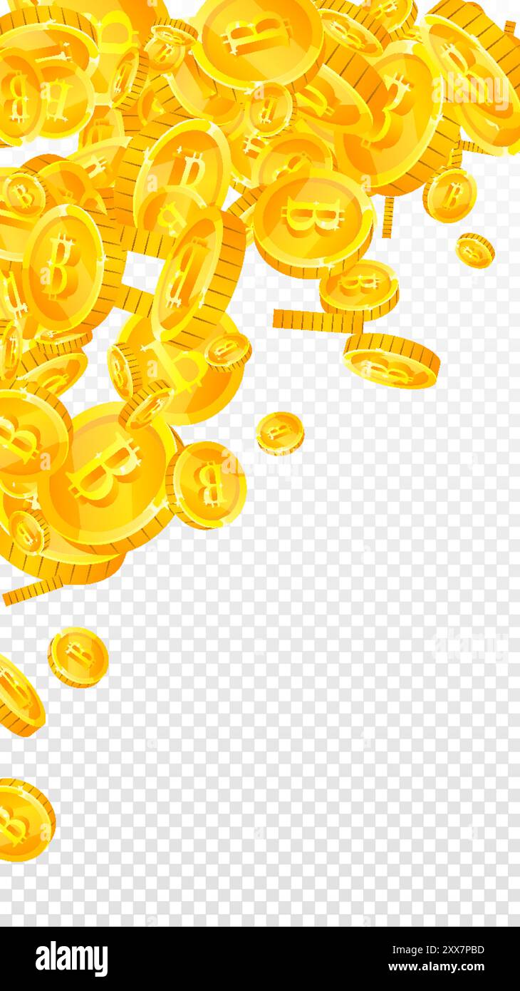 Bitcoin coins falling. Cryptocurrency scattered gold BTC coins ...