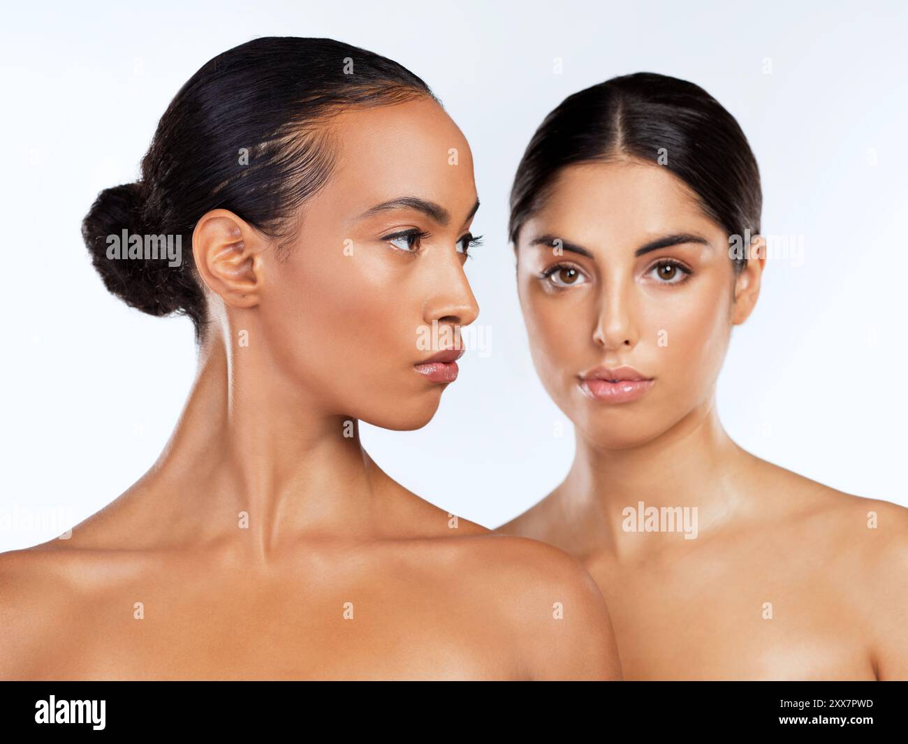 Portrait, skincare and women in studio, comparison and serious with ...