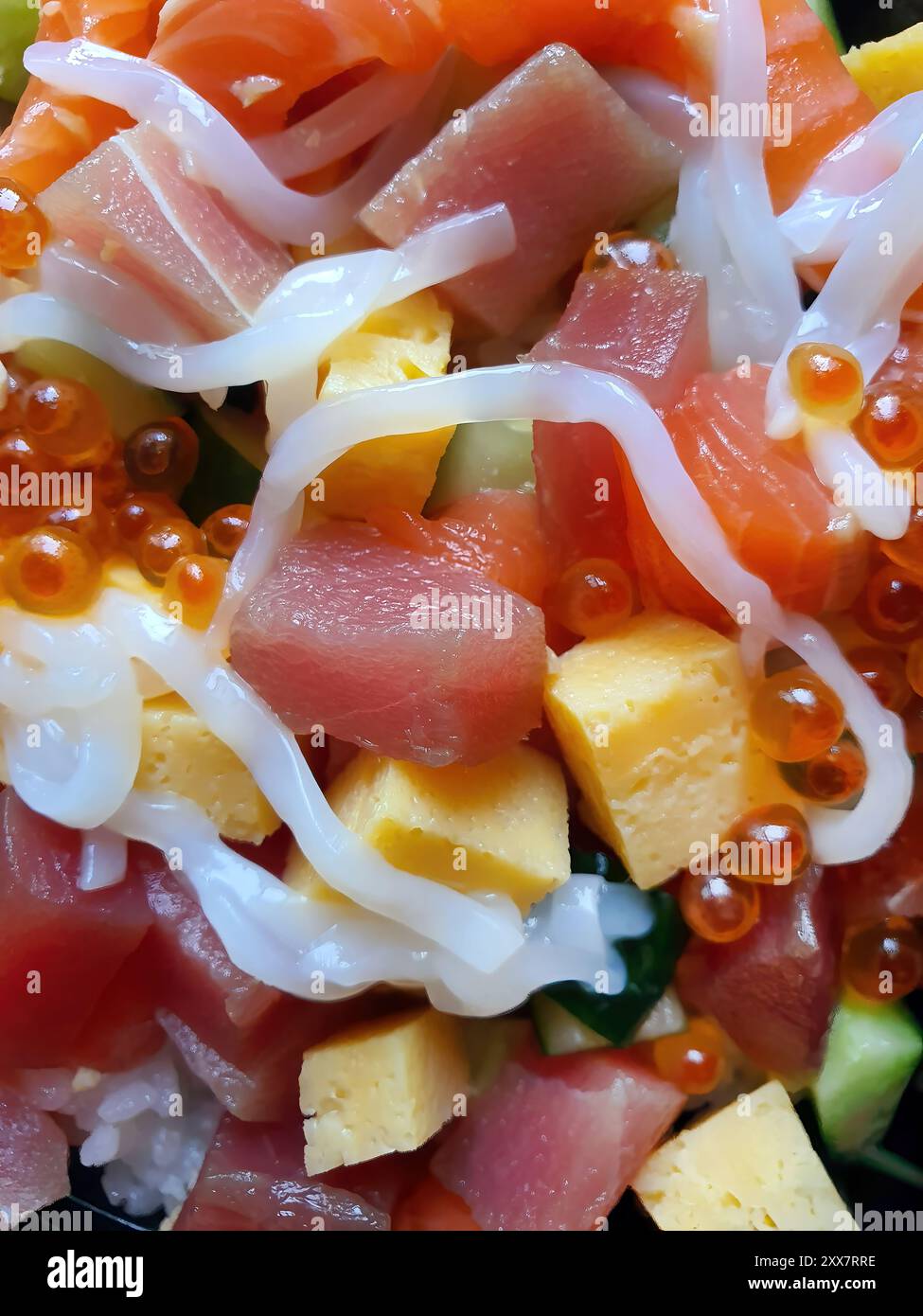 Chirashi Sushi don, mixed seafood covered rice, topping with raw fish ...