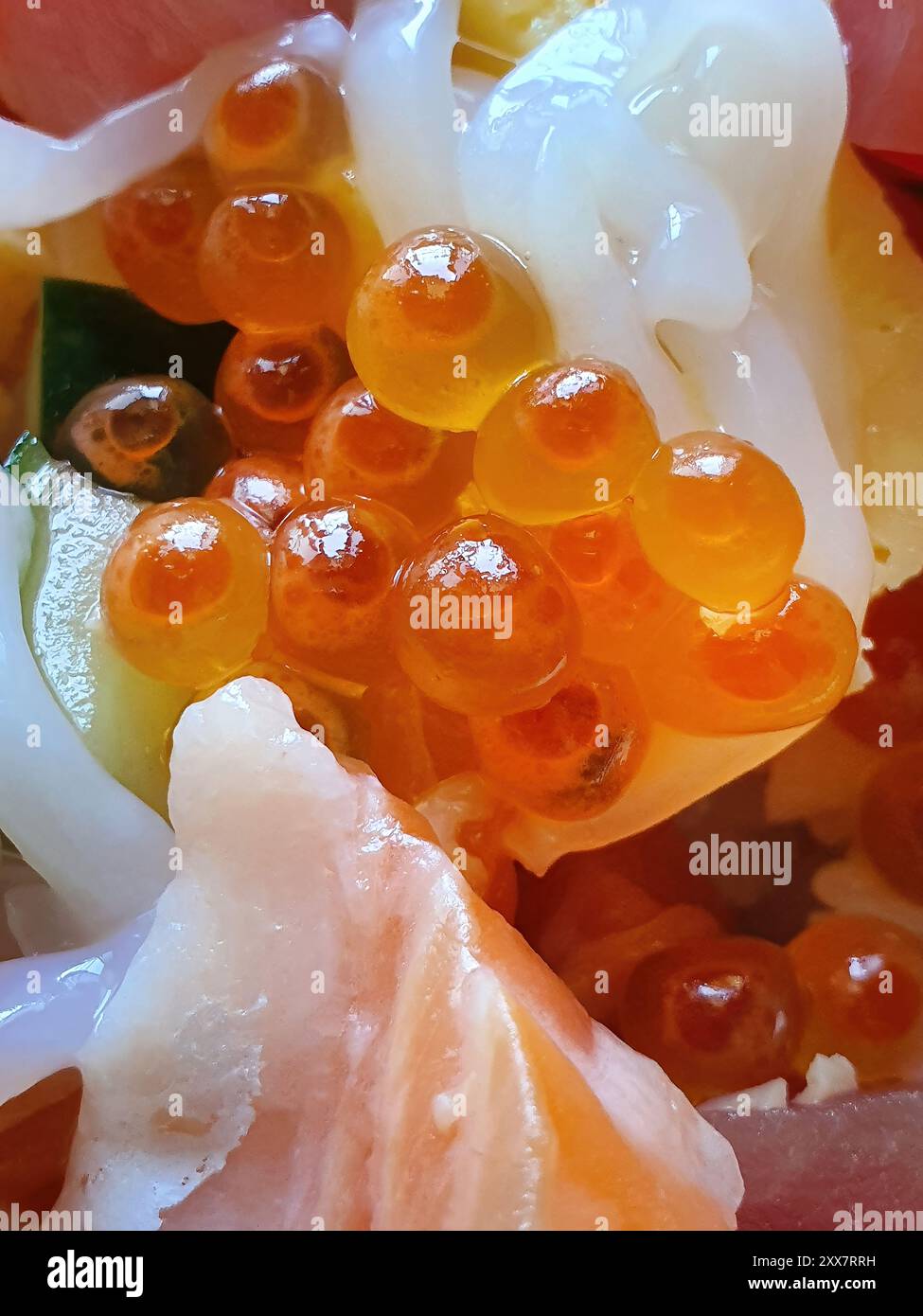 Chirashi Sushi don, mixed seafood covered rice, topping with raw fish ...