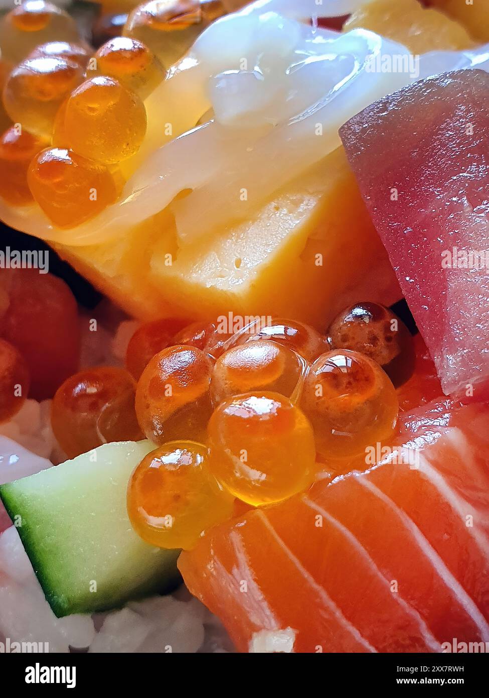 Chirashi Sushi don, mixed seafood covered rice, topping with raw fish ...