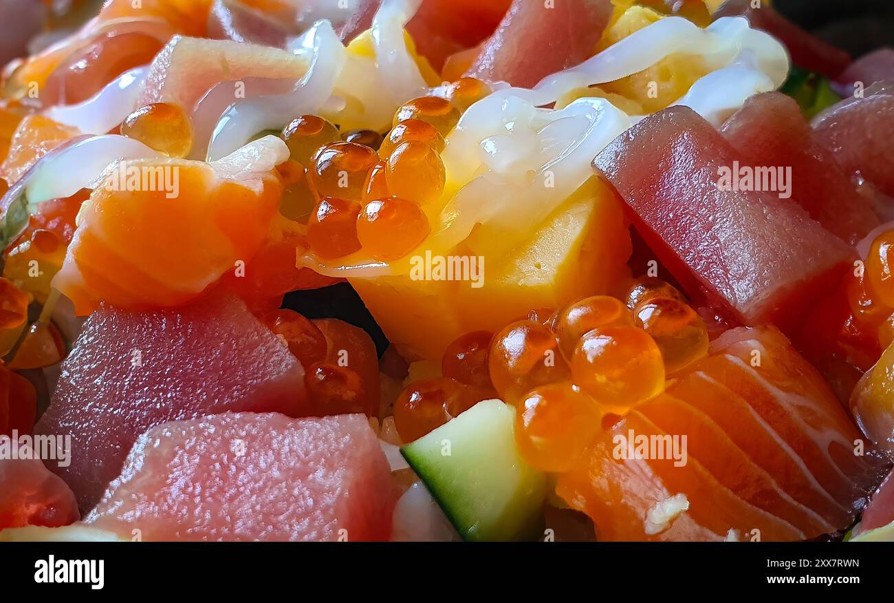 Chirashi Sushi don, mixed seafood covered rice, topping with raw fish ...