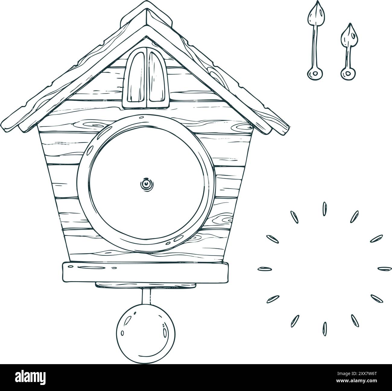 Wall clock with cuckoo, dial and hands, pendulum, wooden, antique. Line ...