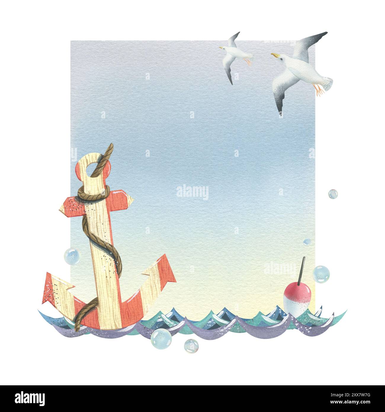 Wooden striped anchor with rope on sea waves with fishing float ...