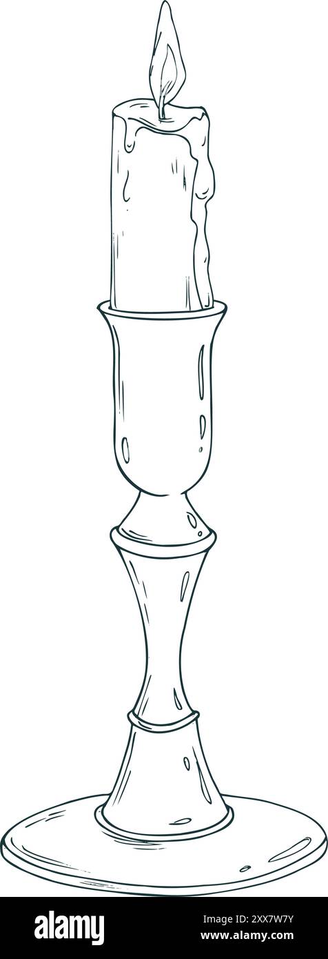 Candlestick tall, copper, bronze with a burning candle with wax drips ...