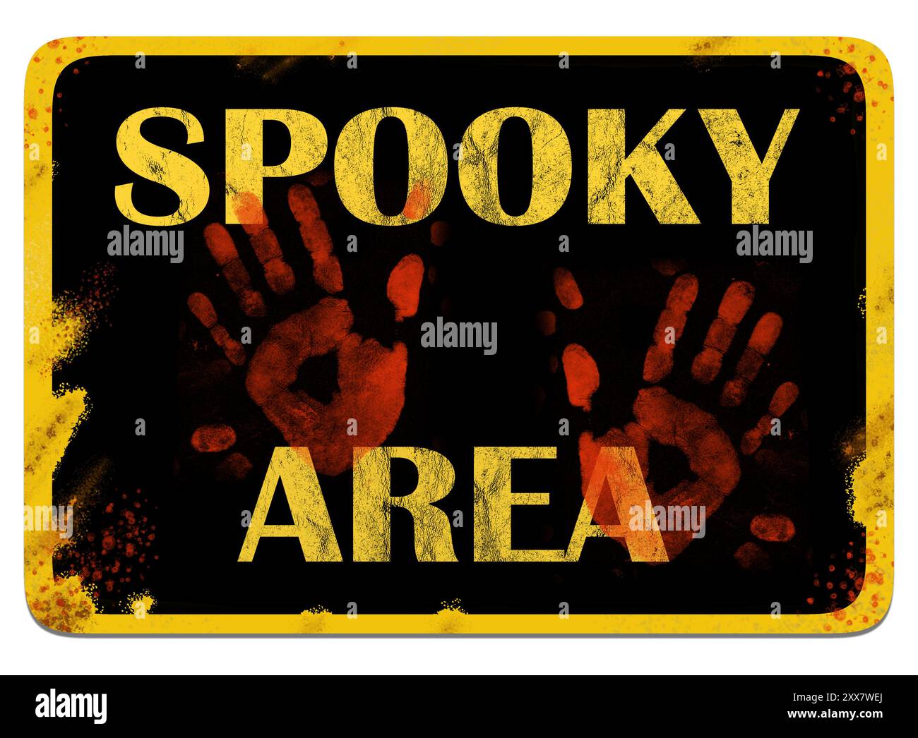 Black worn metal sign with the words SPOOKY AREA. A warning sign with a ...