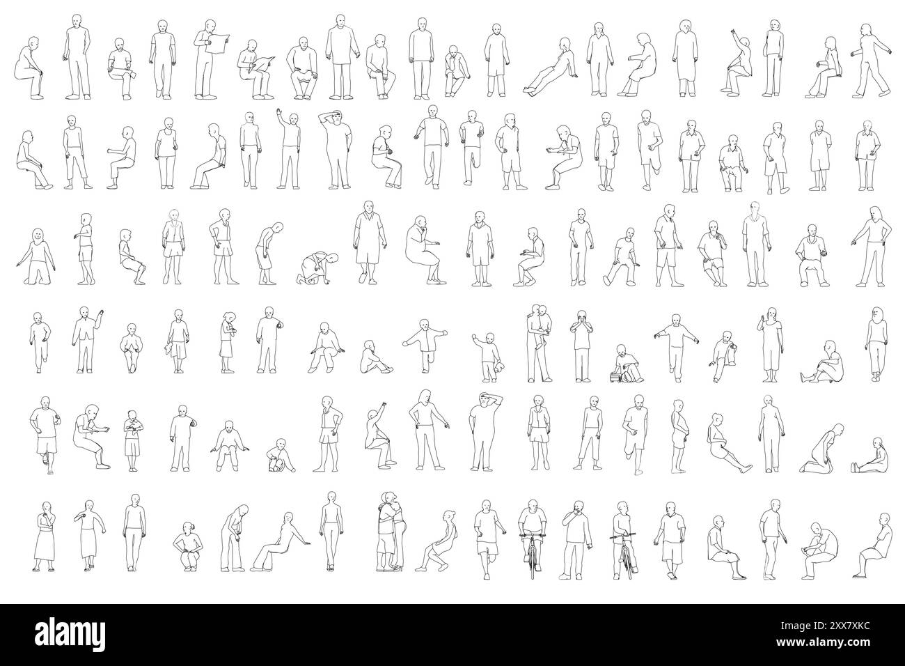 Set with people outlines in different positions from black lines isolated on white background ...