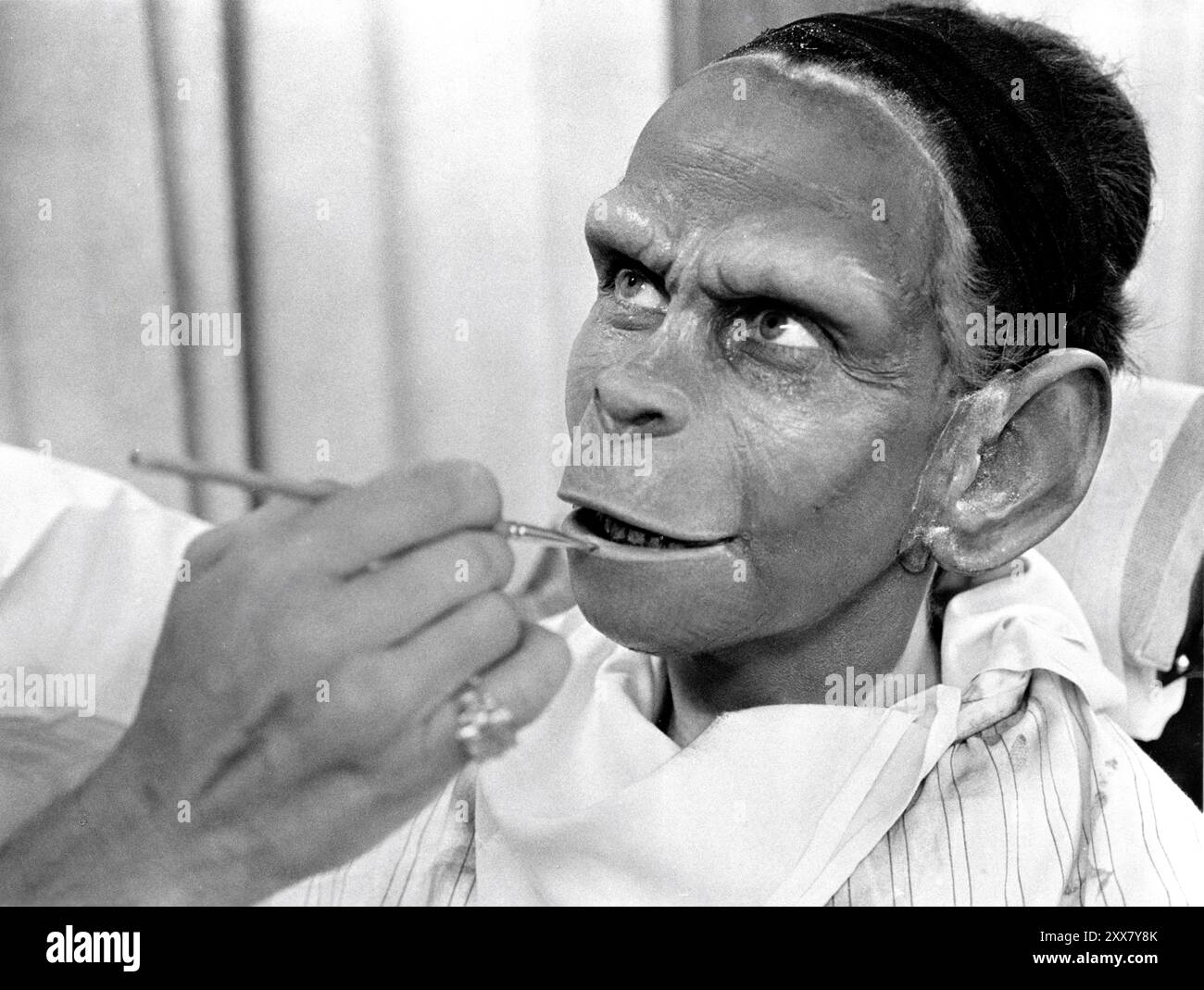 KIM HUNTER being made up as Zira candid during filming of PLANET OF THE ...